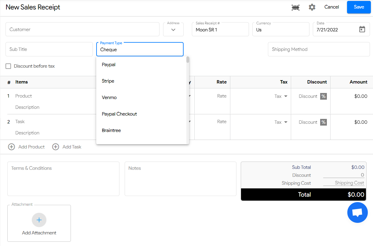 How Can I Select The Payment Type In Sales Receipt Moon Invoice 
