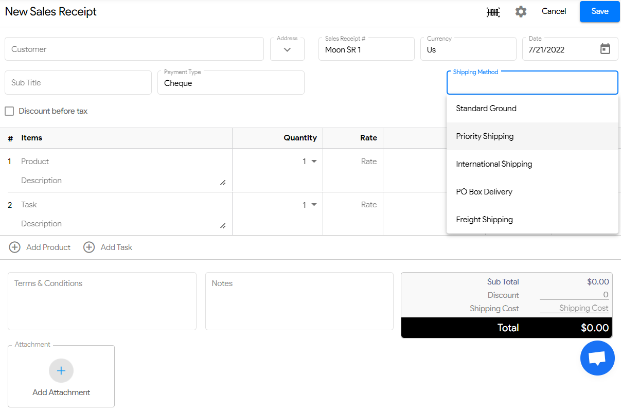 How Can I Select the Shipping Method in Sales Receipt? – Moon Invoice - Easy Invoicing