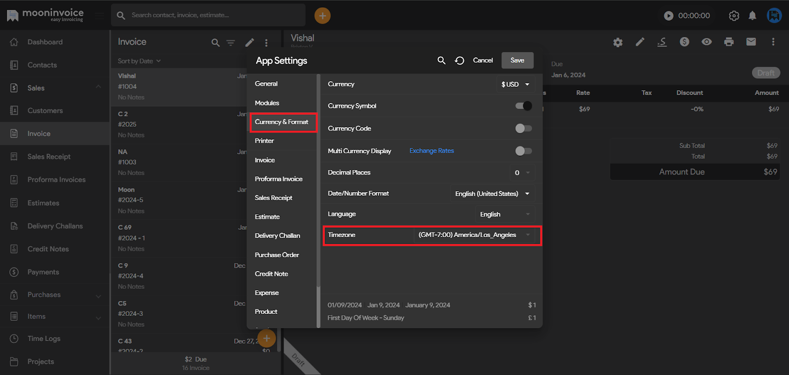 How do i set time zone in Moon Invoice. – Moon Invoice - Easy Invoicing