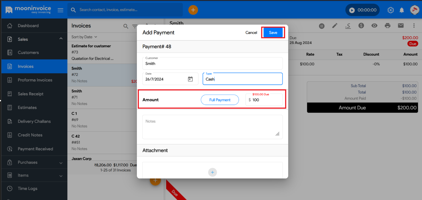 How to Add Partial Payment Entry For the Invoices? – Moon Invoice - Easy Invoicing
