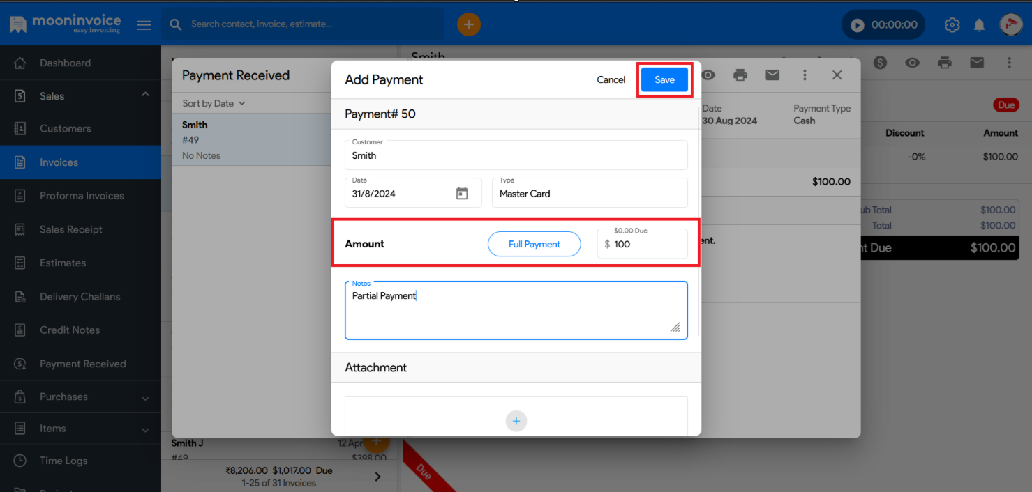 How to Add Partial Payment Entry For the Invoices? – Moon Invoice - Easy Invoicing
