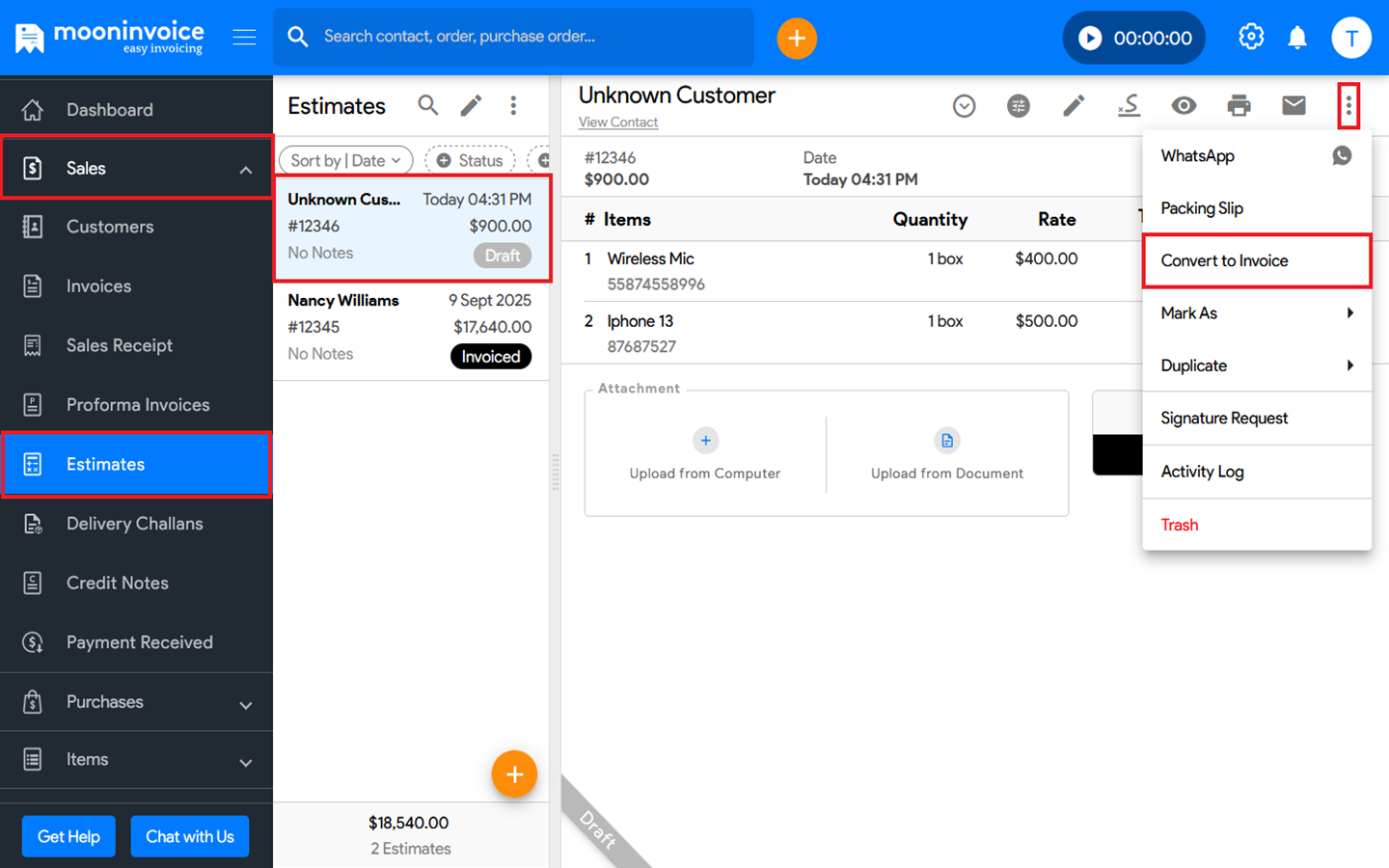 How can I convert an estimate to an Invoice in Moon Invoice? – Moon ...