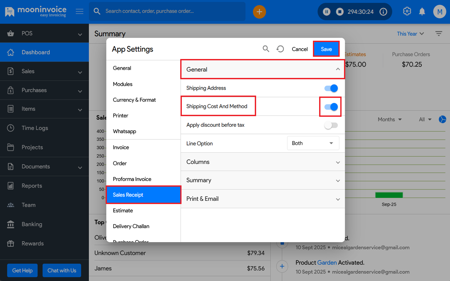 How to enable or disable Shipping Cost And Method in Sales Receipt in Moon Invoice? – Moon ...