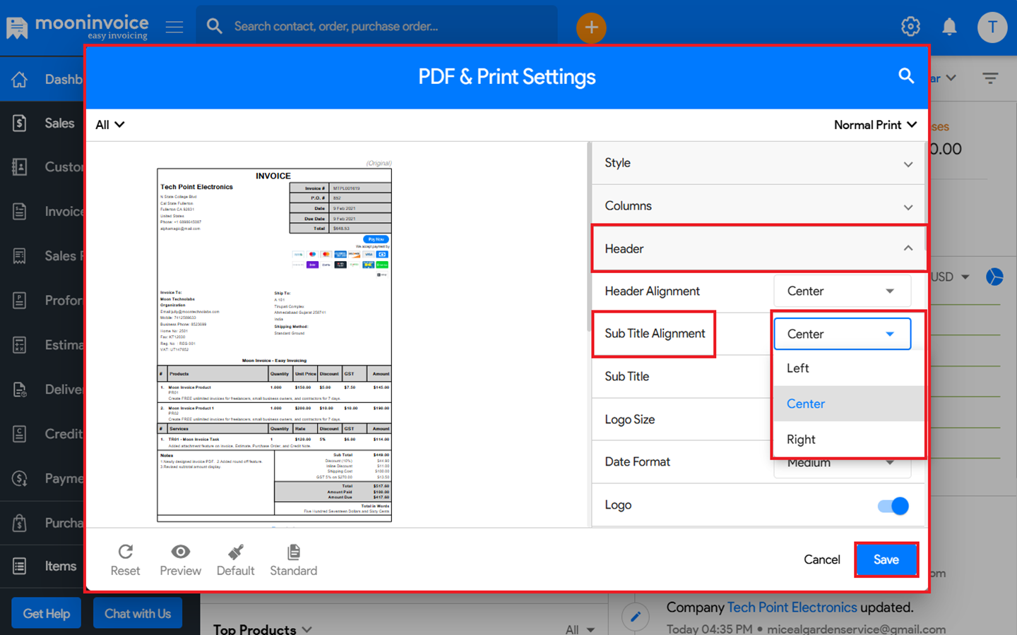 How can I change the Sub Title Alignment in Moon Invoice? – Moon ...